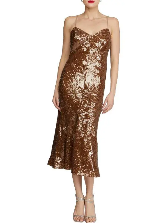 Halston Yvonne Sequin Sleeveless Midi Dress - Tobacco Bronze
