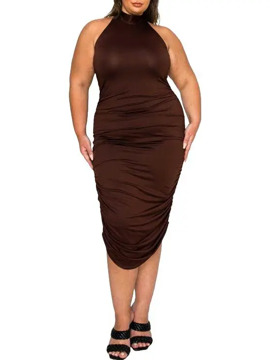 L I V D Izzy Ruched Halter Midi Dress - Mocha Dark