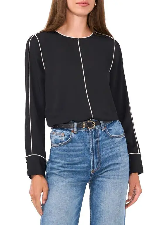 Vince Camuto Piped Long Sleeve Crêpe De Chine Top - Rich Black