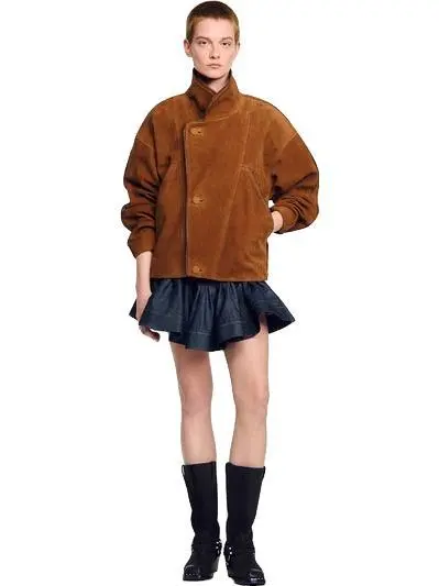 Sandro Oversized Suede Jacket - Brown