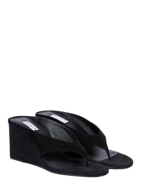 Alaïa Cube 75 Suede Wedge Thong Sandals - Black