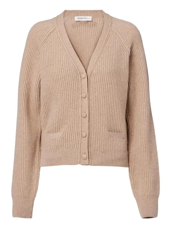 Victoria Beckham Ribbed-knit Wool And Cashmere Cardigan - Beige
