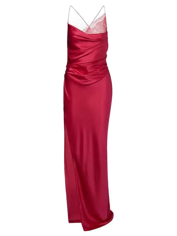 THE SEI Draped Lace-trimmed Silk Satin Gown - Red