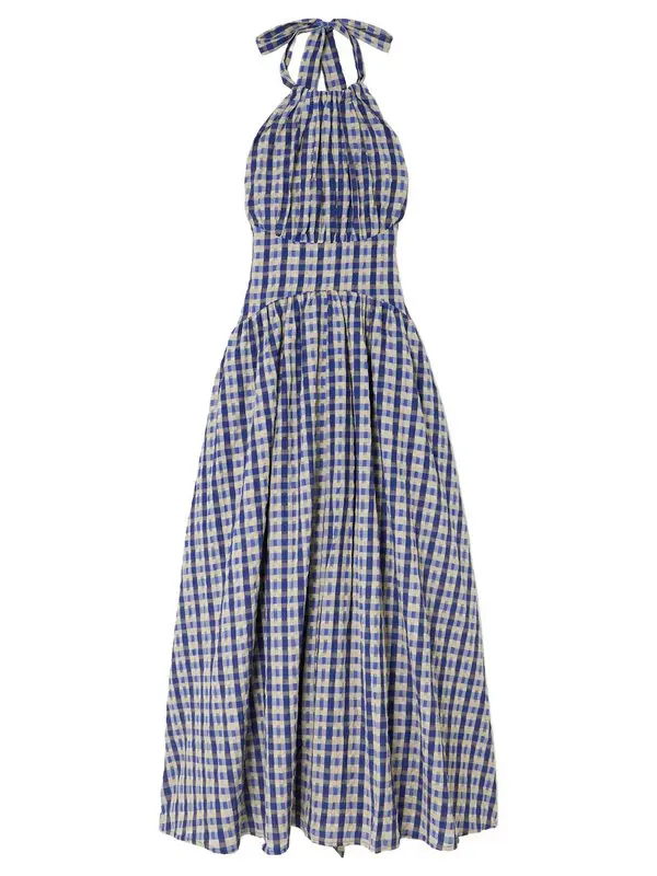 Rosie Assoulin Halter Gathered Checked Seersucker Midi Dress - Blue