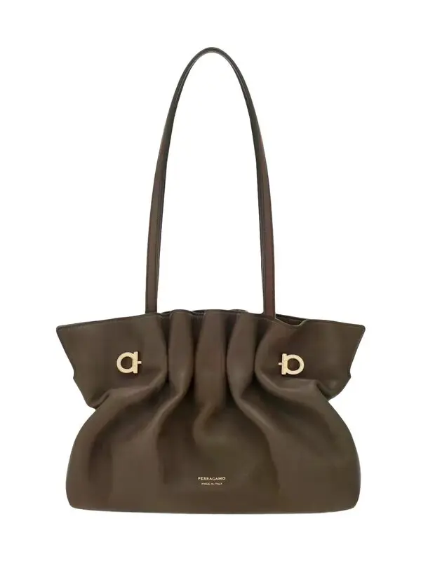 FERRAGAMO Ruched Leather Tote Bag - Brown