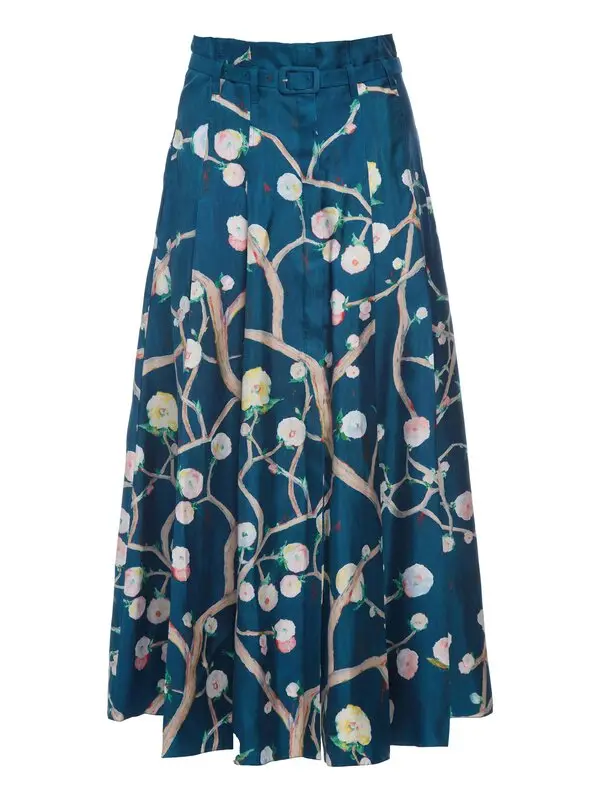 Gabriela Hearst Dugald Pleated Midi Skirt In Printed Silk Twill - Blue Multi