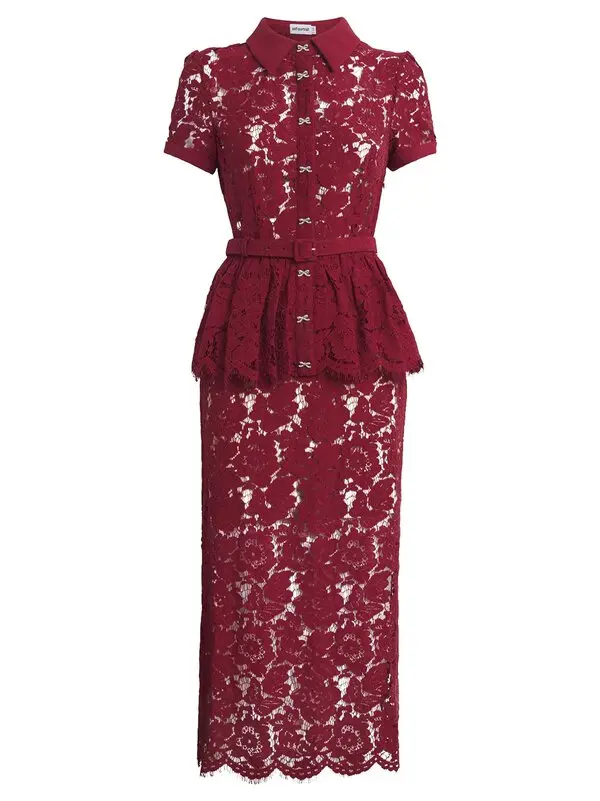 SELF-PORTRAIT Lace Belted Midi Dress - Burgundy