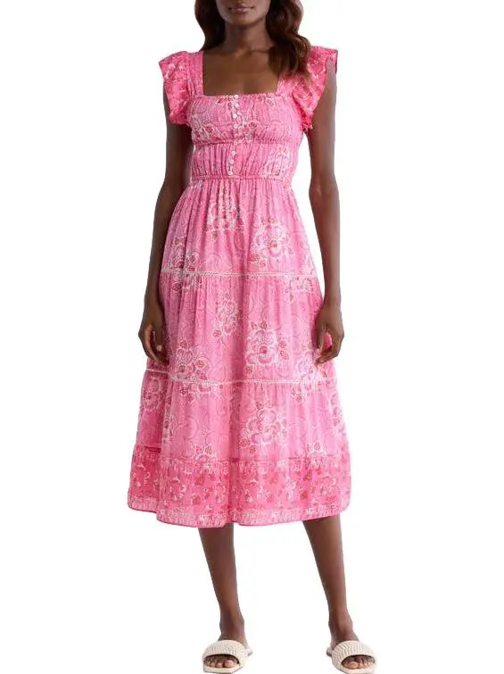 ALICIA BELL Fleur Flutter Sleeve Cotton & Silk Cover-up Midi Dress - Bright Pink