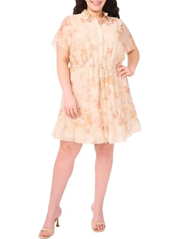 Halogen Floral Print Short Sleeve Shirt Dress - Silver Pink