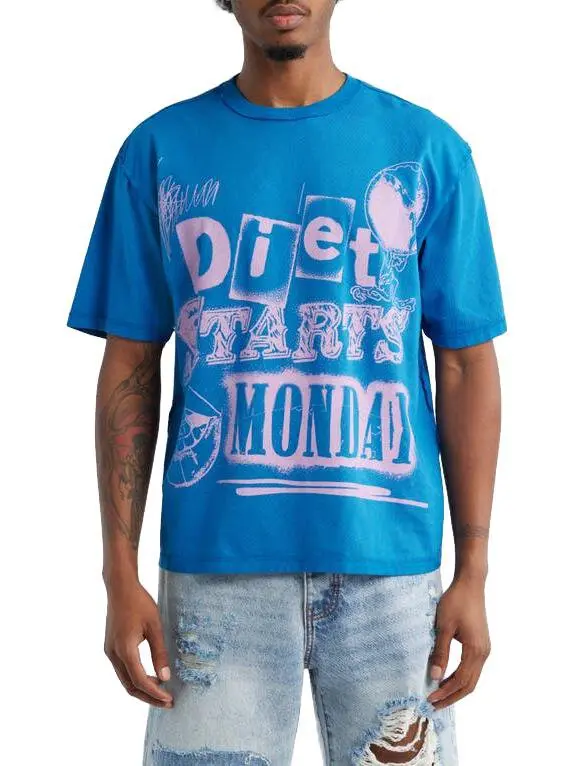DIET STARTS MONDAY Spray Paint Cotton Graphic T-shirt - Washed Navy