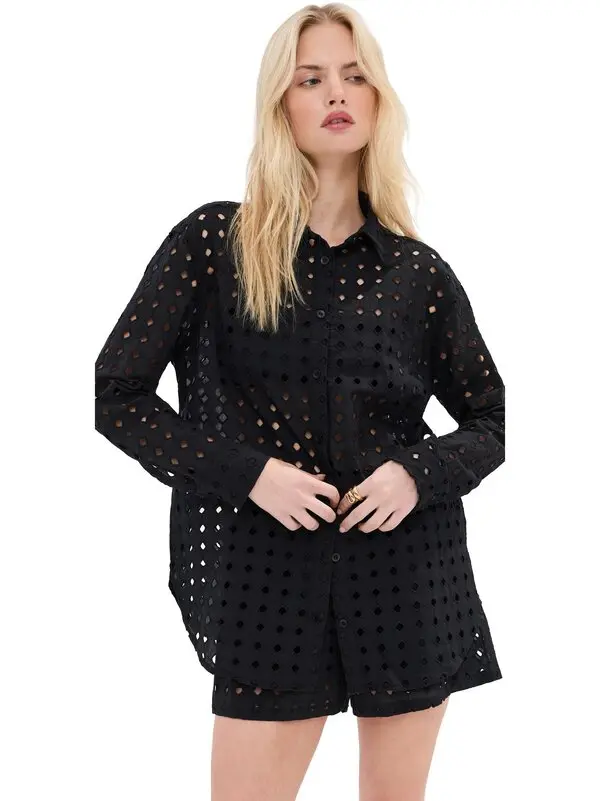 LE BOP Cecilia Long Sleeve Button-down Shirt - Black Eyelet