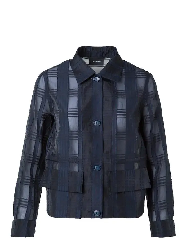 Akris Organdy Plaid Short Jacket - Navy Blue