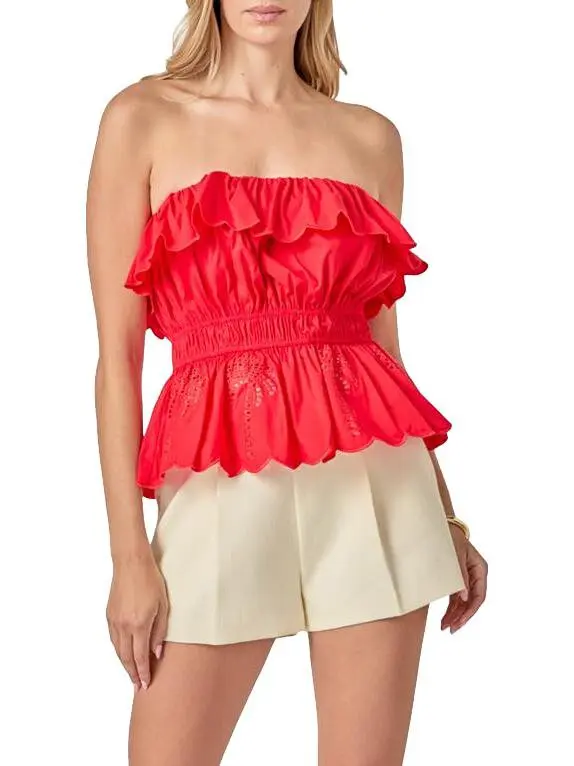English Factory Embroidered Ruffle Strapless Top - Red