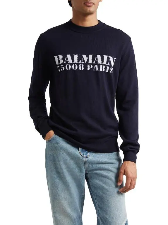 Balmain Stamp Logo Jacquard Merino Wool Sweater - Navy/ White