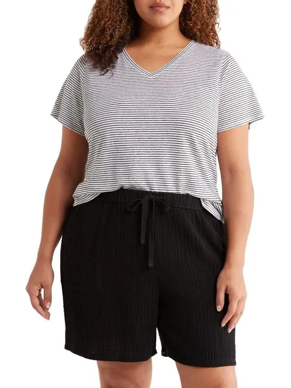 Eileen Fisher Stripe Organic Linen T-shirt - White/ Black