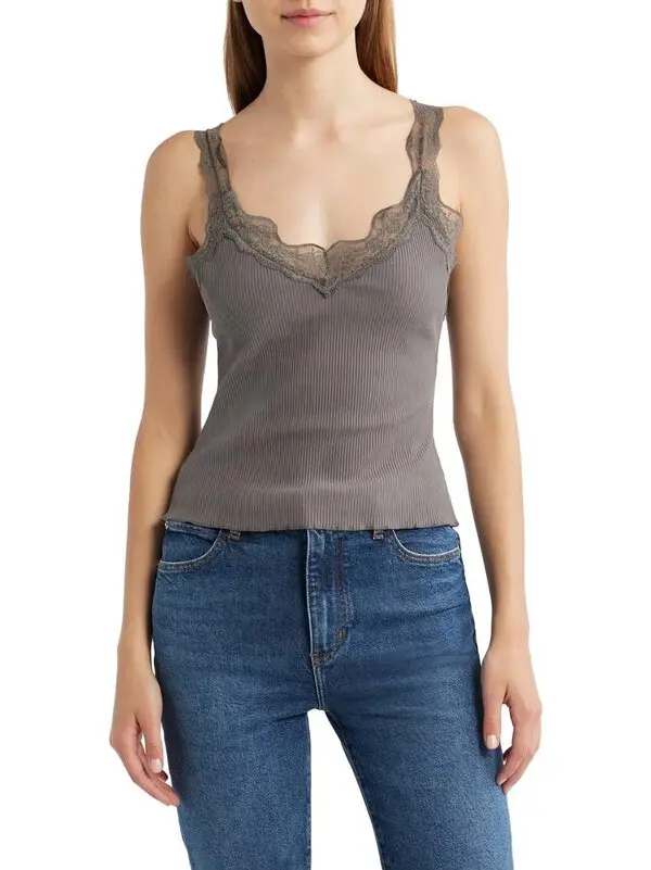 Mango Raven Lace Trim Rib Tank - Medium Heather Grey