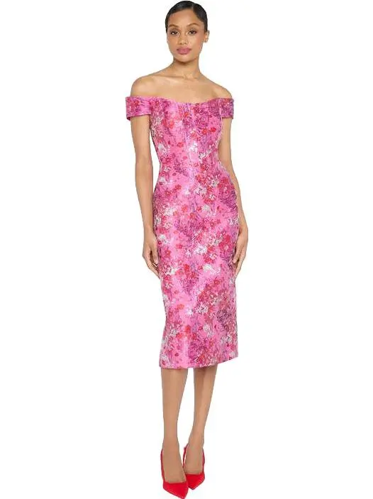 Theia Chantel Off-shoulder Floral Jacquard Dress - Sweetheart Pink/poppy
