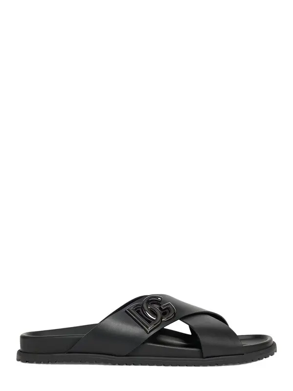 Dolce & Gabbana Leather Logo Slide Sandals - Blk