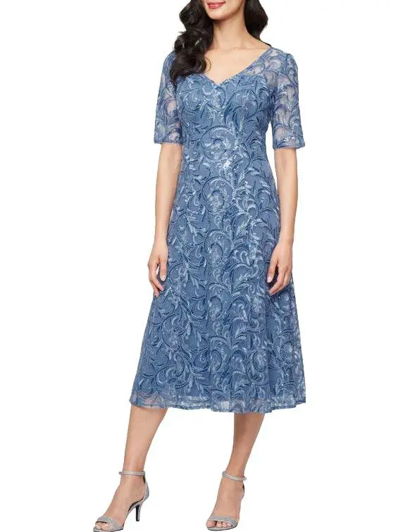 Alex Evenings Embroidered Tulle Cocktail Dress - Dusty Blue