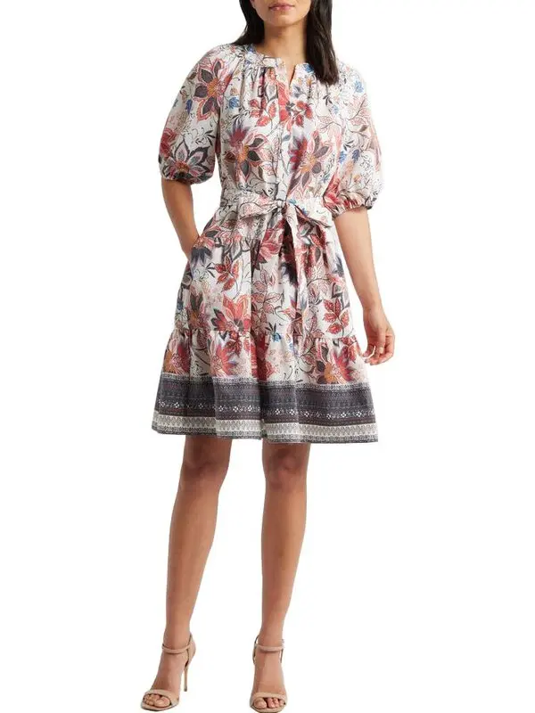 Julia Jordan Printed Tiered Puff Sleeve Dress - Beige Multi