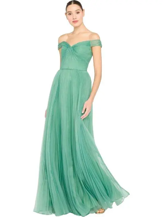 Theia Lisbeth Pleated Gown - Lilypad Green