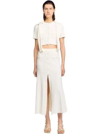 Sandro Pointelle Knit Midi Skirt - Neutral / White