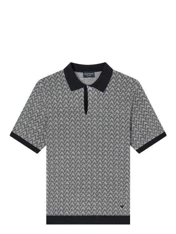 Emporio Armani Icon Polo-collar Jumper In Chevron-motif Jacquard - Blue