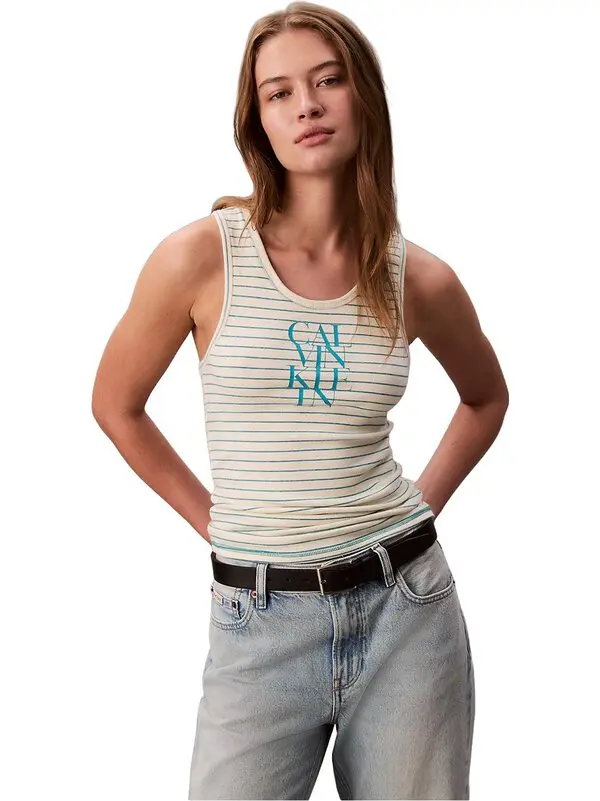 Calvin Klein Cotton Rib Stripe Logo Graphic Tank Top - Sweet Corn Stripe