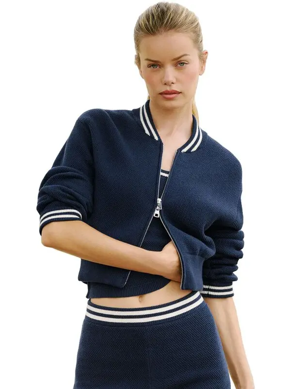 Alo Yoga Tennis Club Sweater Knit Full Zip Jacket - Navy/ivory