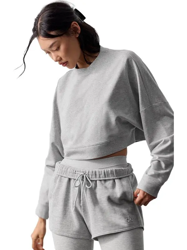 Alo Yoga Cropped Sway Crewneck Pullover Top - Athletic Heather Grey