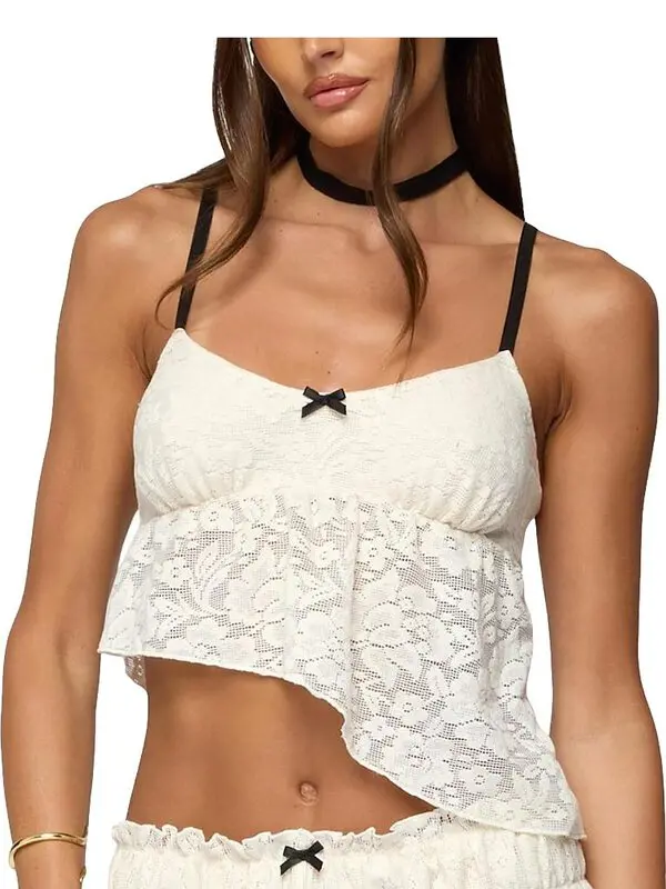 EDIKTED Este Asymmetric Textured Lace Top - Cream