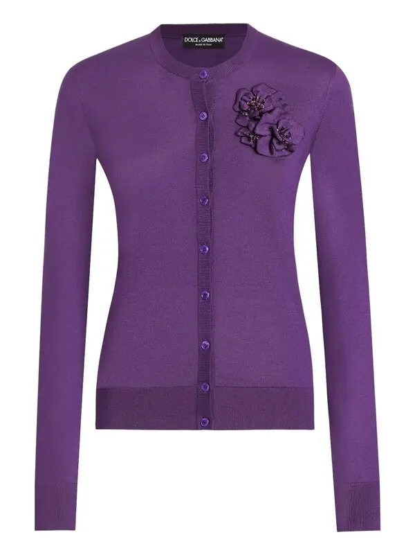 Dolce & Gabbana Silk Cardigan With Flower Brooch - Purple