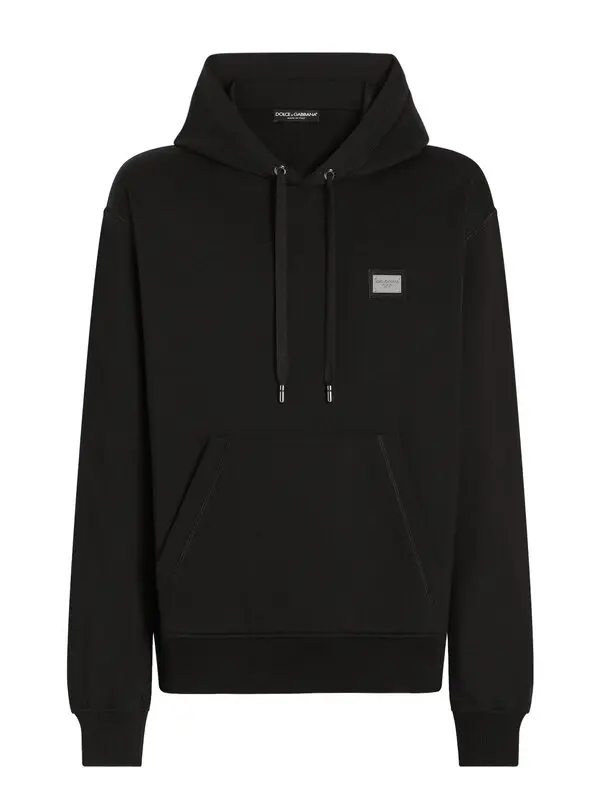 Dolce & Gabbana Cotton Jersey Hoodie With Metal Logo Tag - Black