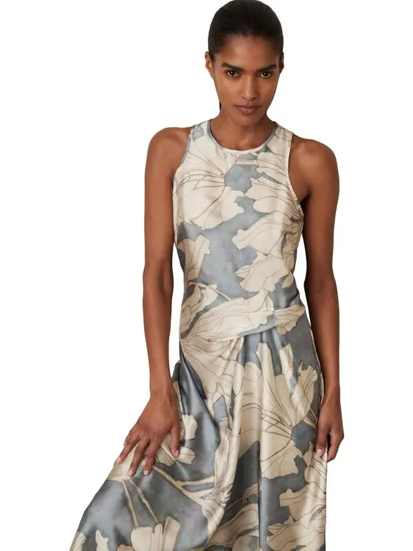 REISS Mieke Satin Floral Drape Midi Dress - Blue