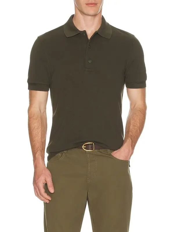 TOM FORD Short Sleeve Piquet Polo In Olive - Military Green