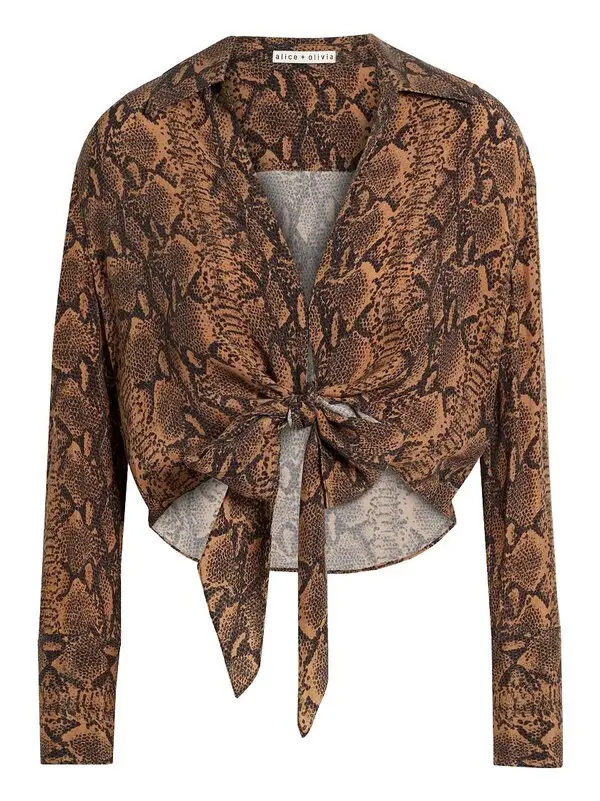 Alice + Olivia Hannon Cropped Snake-print Shirt - Brown