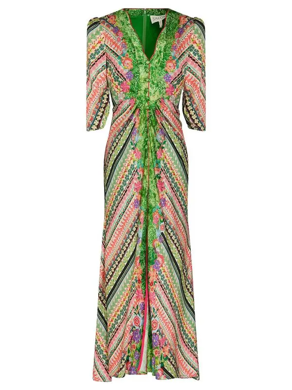 Saloni Mitsu Ruched Printed Silk-satin Jacquard Maxi Dress - Green