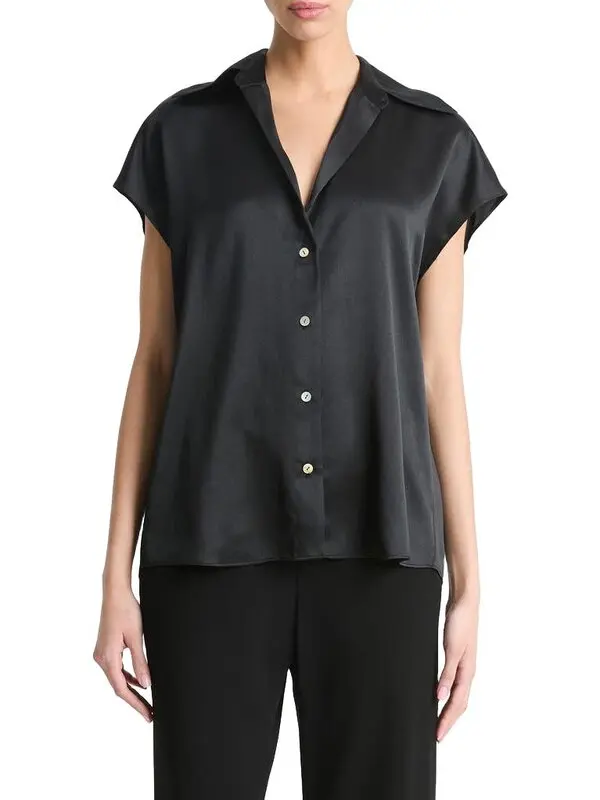 Vince Cap Sleeve Silk Button-up Shirt - Black