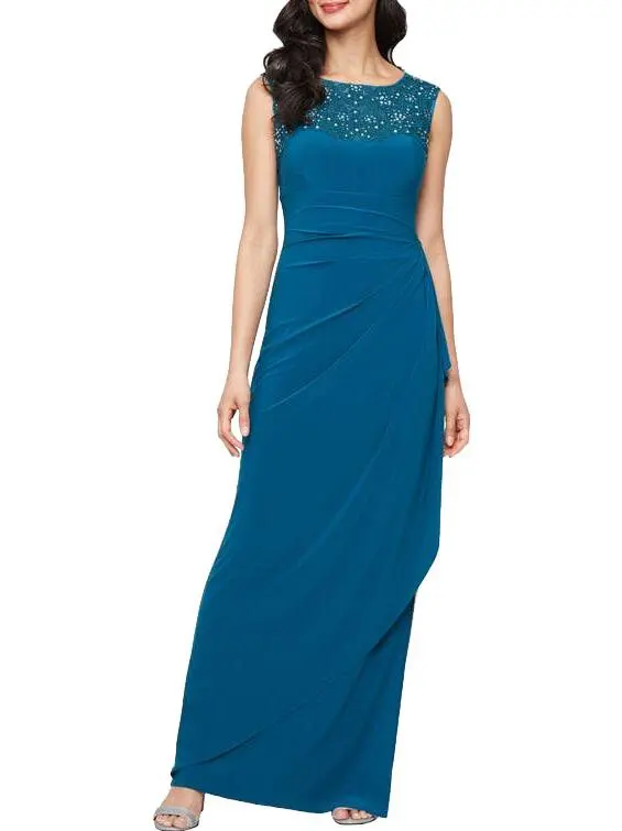 Alex Evenings Embellished Side Ruched Jersey Gown - Mallard