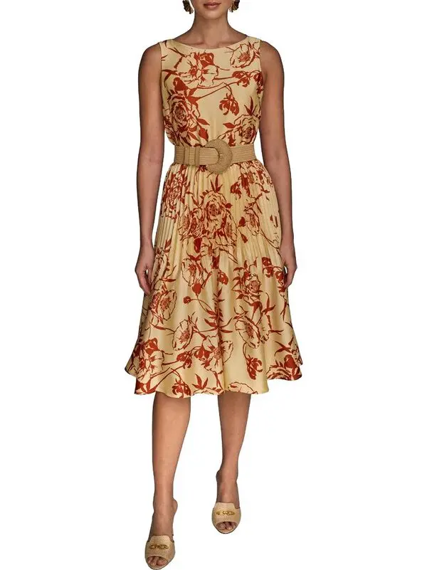 Donna Karan New York Floral Sleeveless Belted A-line Midi Dress - Cinnamon/ Beach
