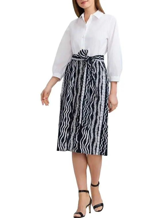 Foxcroft Esther Belted Braid Print Shirtdress - White/ Black