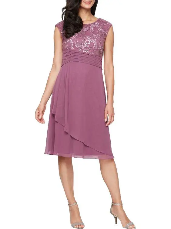 Alex Evenings Embroidered Empire Waist Cocktail Dress - Dark Mauve