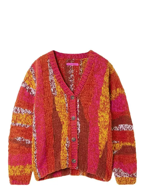 THE ELDER STATESMAN Striped Organic Cotton-bouclé Cardigan - Red