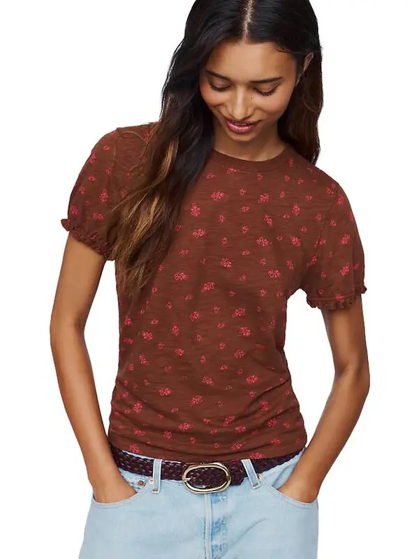 PILCRO Bennie Cotton Puff Sleeve T-shirt - Brown Pattern