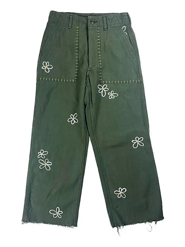 Rank & Sugar Vintage Army Pants With Daisy Embroidery - Green Motif
