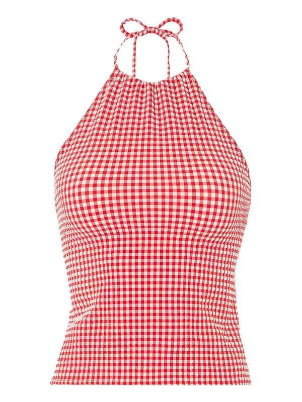 Hunza G Gingham Seersucker Halter Top - Red Gingham