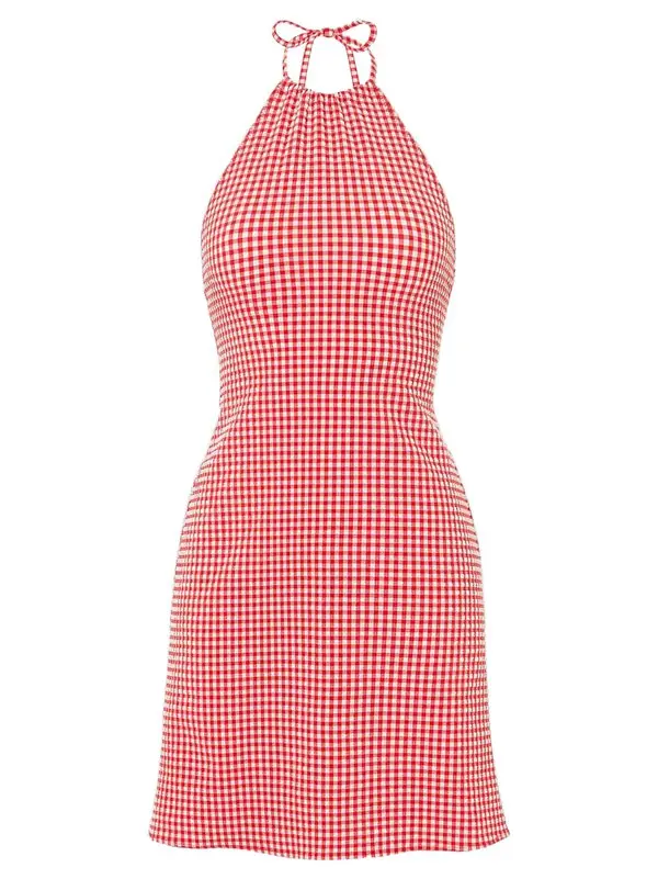 Hunza G Gingham Seersucker Halterneck Mini Dress - Red Gingham