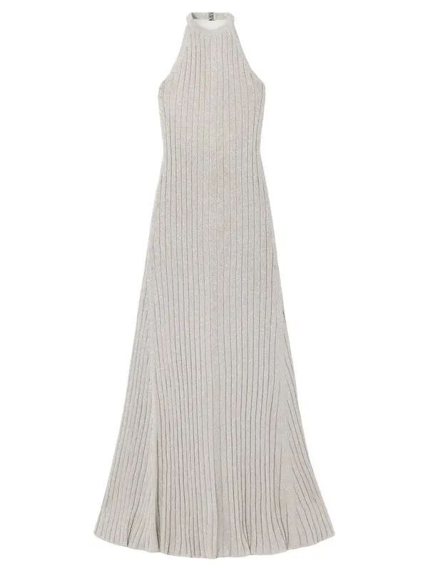 TOM FORD Metallic Ribbed-knit Halterneck Maxi Dress - Silver