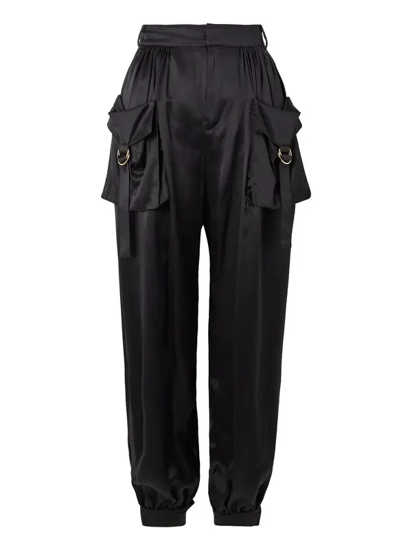 Chloé Embellished Pleated Silk-satin Tapered Trousers - Black