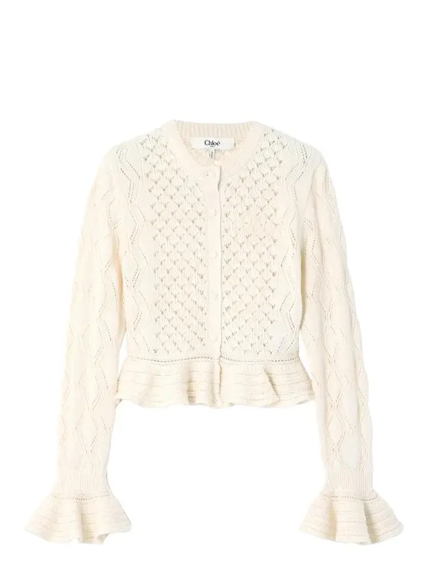 Chloé Cropped Ruffled Pointelle-knit Cardigan - Cream
